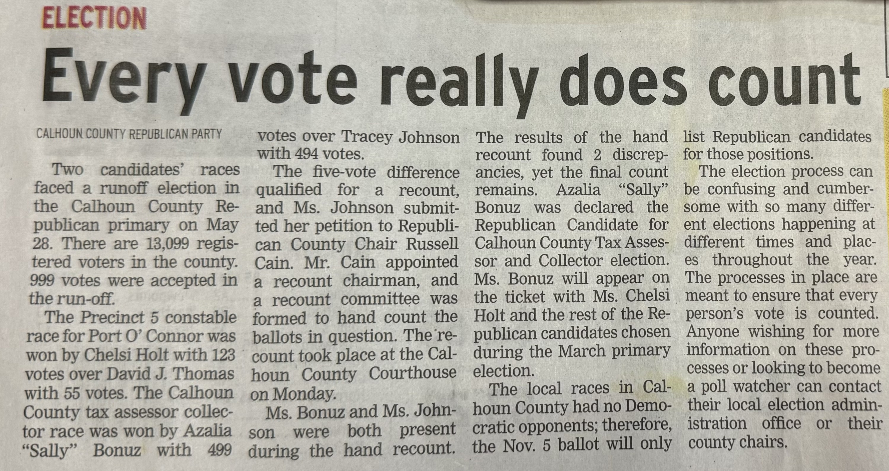Every Vote Really Does Count – Calhoun County Republican Party